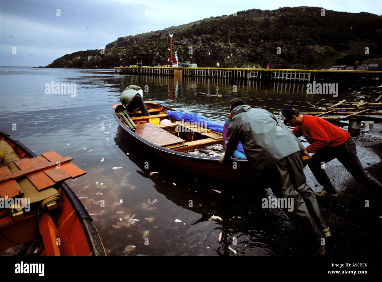 Fishermen pushing dory into ocean at little cove cod newfoundland Stock ...