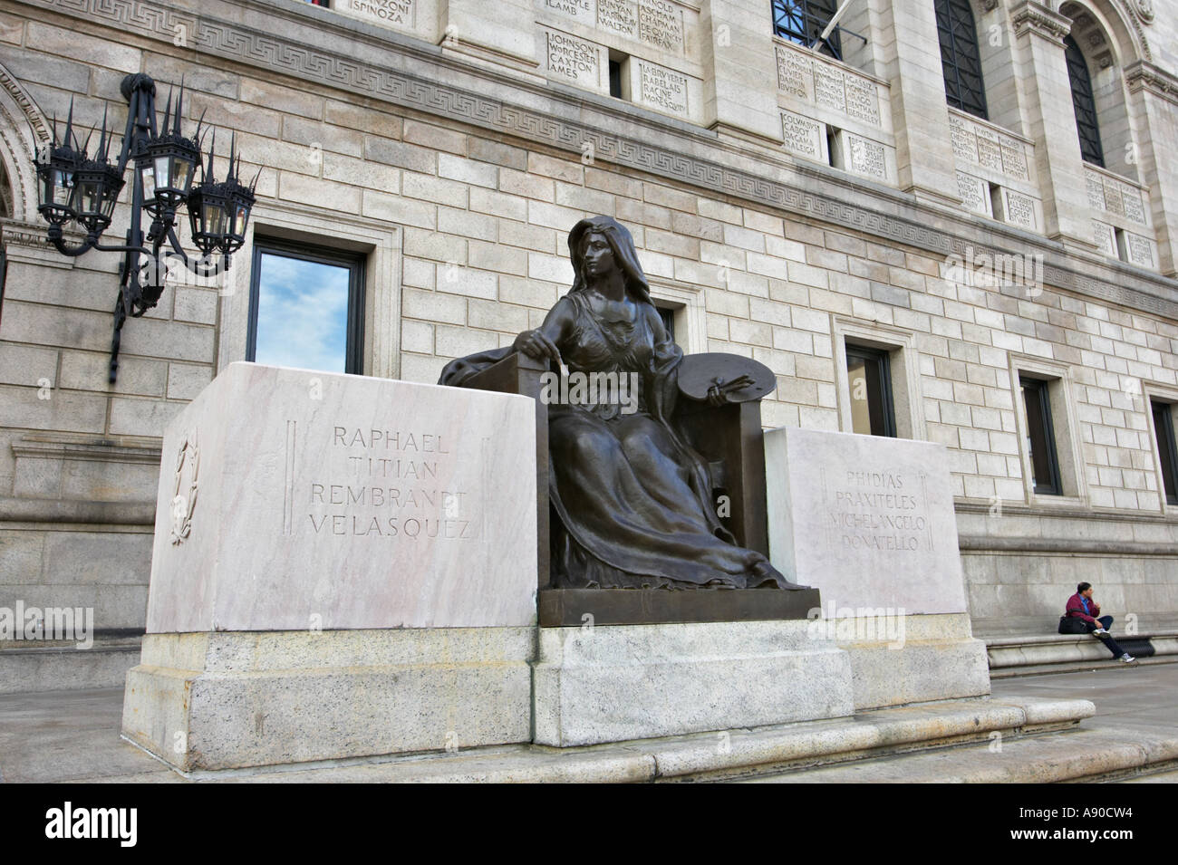 MASSACHUSETTS Boston Statue outside Boston Public Library man sit on ...