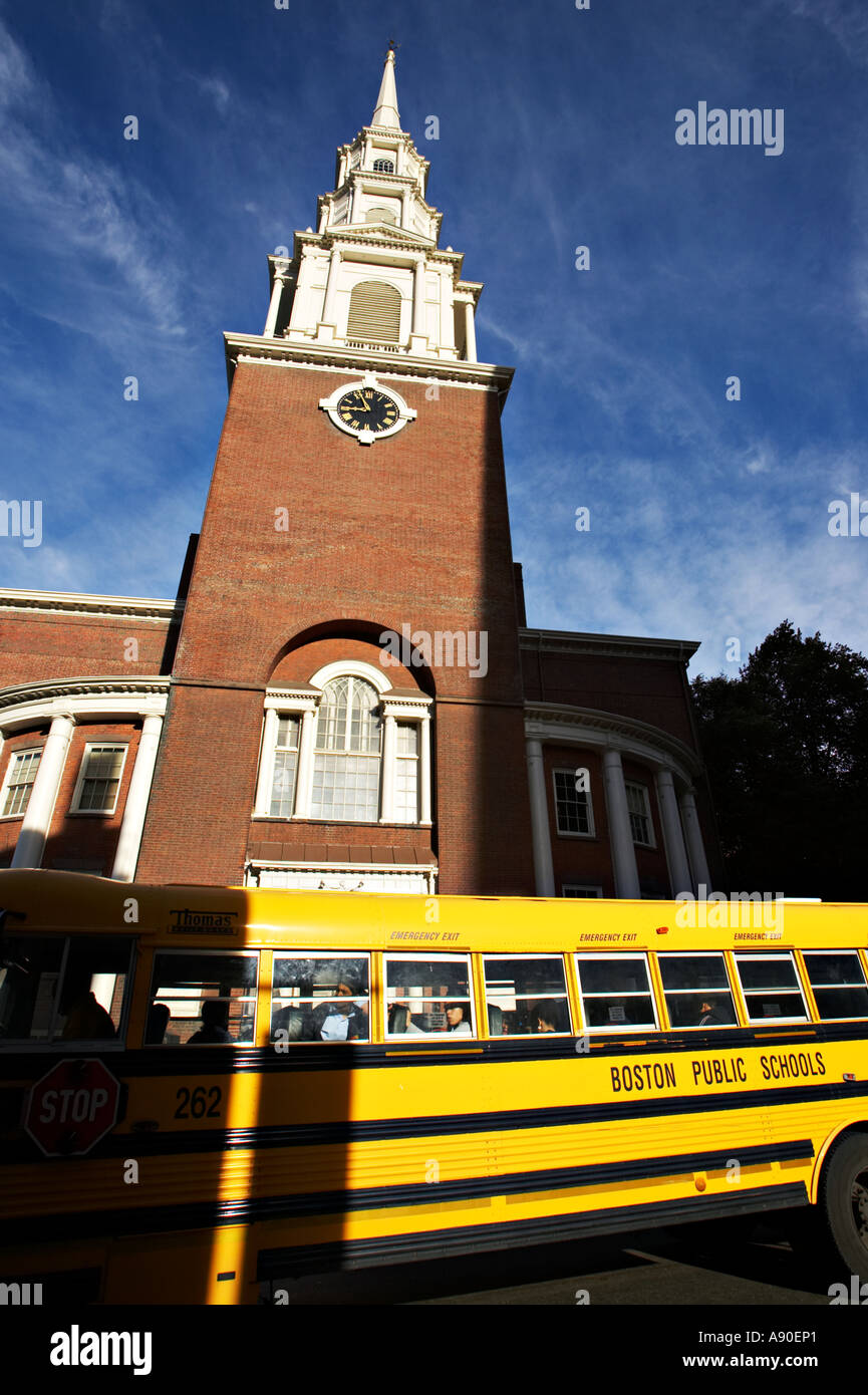 MASSACHUSETTS Boston Yellow public school bus stopped in front of Park ...
