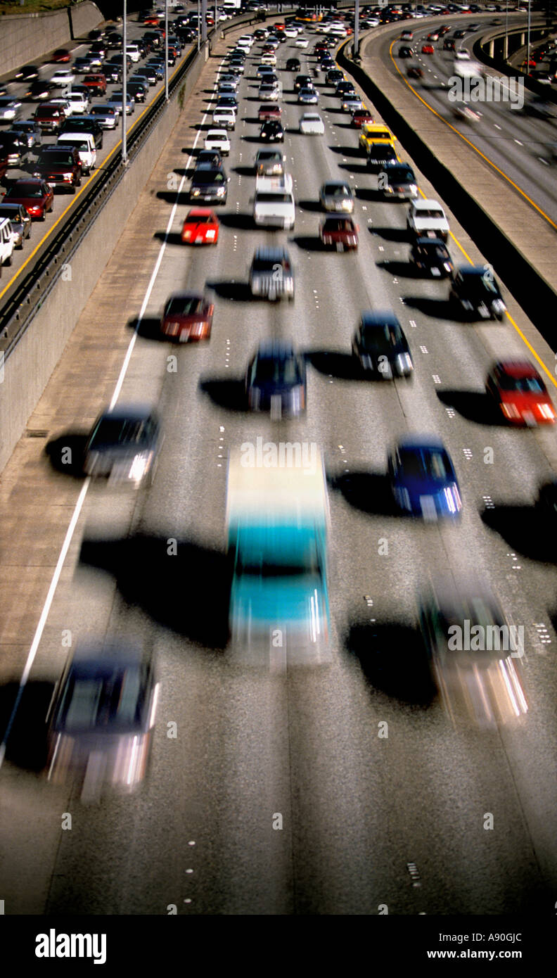Cars traveling through downtown Seattle Washington on Interstate 5 ...
