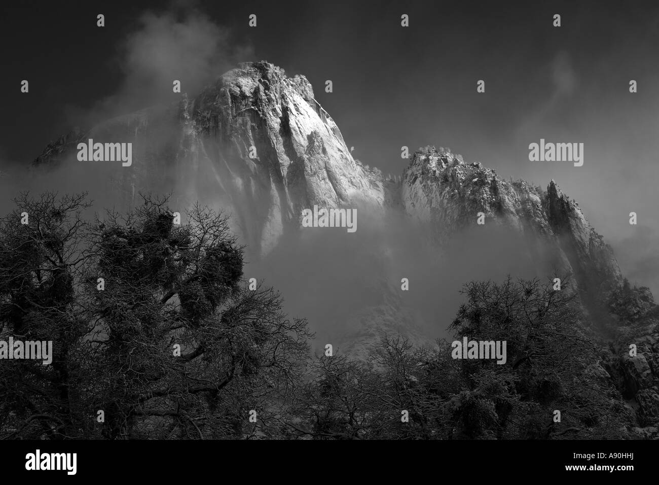 Black White Snow covered foggy mountain peaks in Yosemite National Park ...