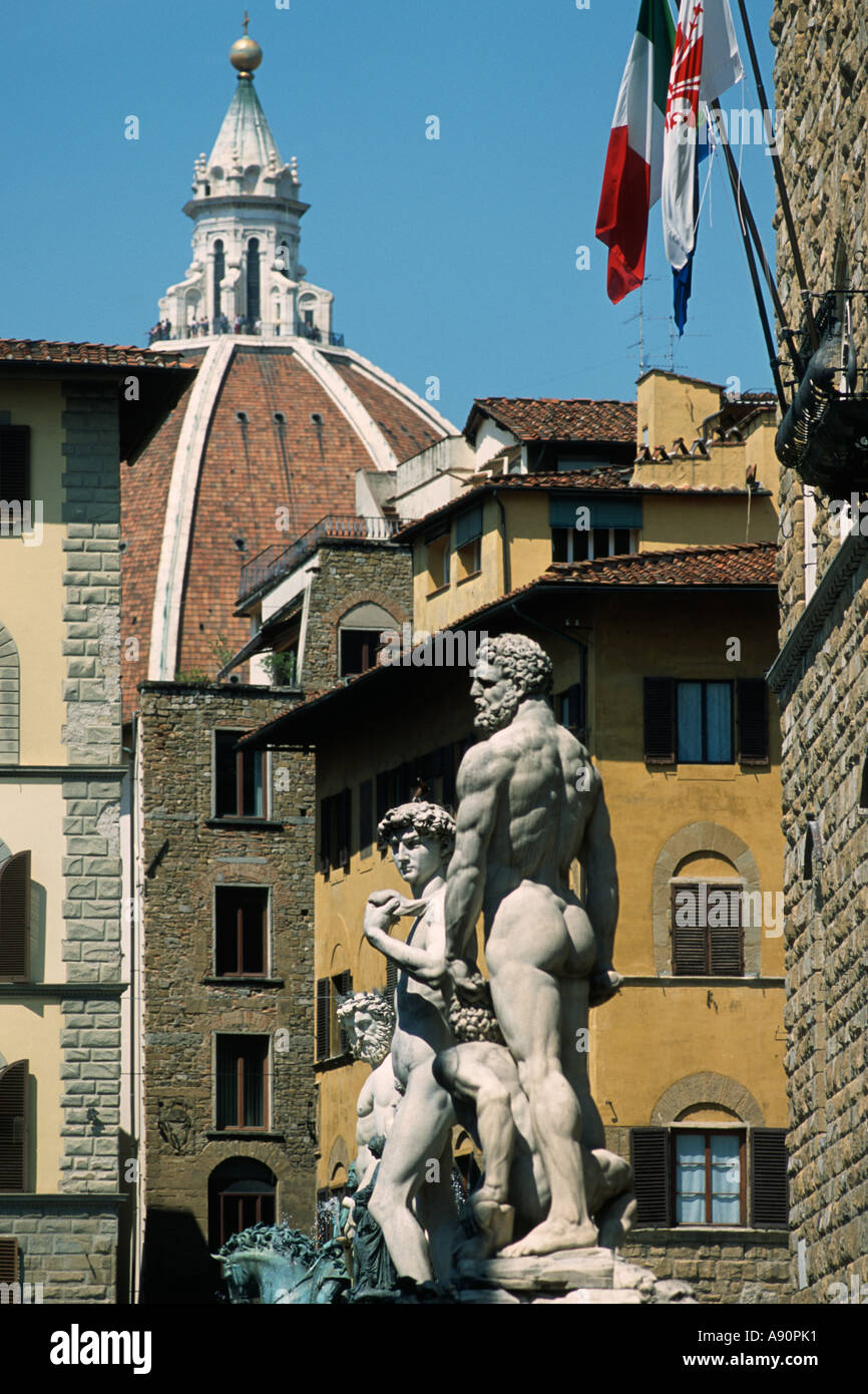 Florence Italy Statues in Piazza della Signoria the cupola of the Duomo ...