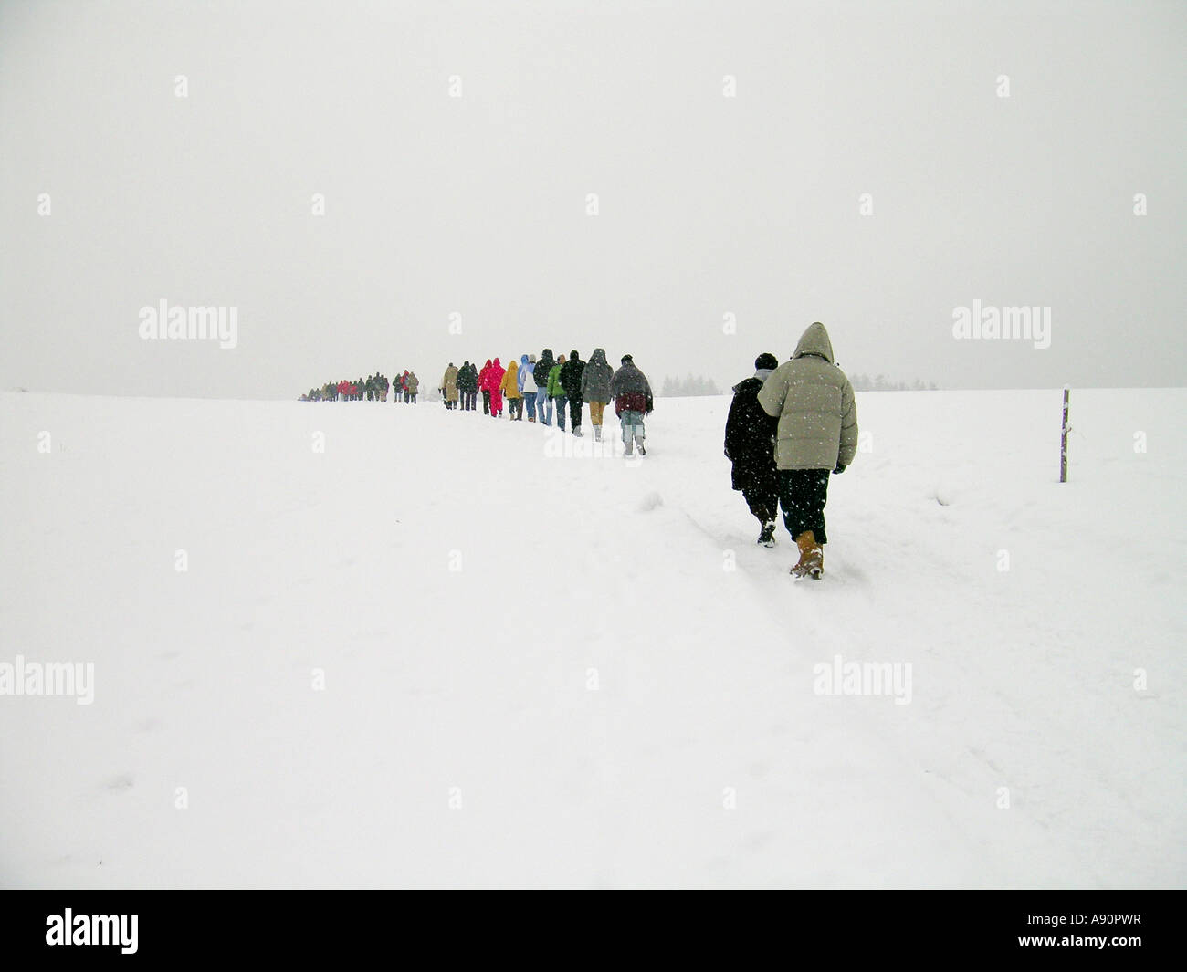 Group of People Walking Threw the Snow in a Line Stock Photo - Alamy