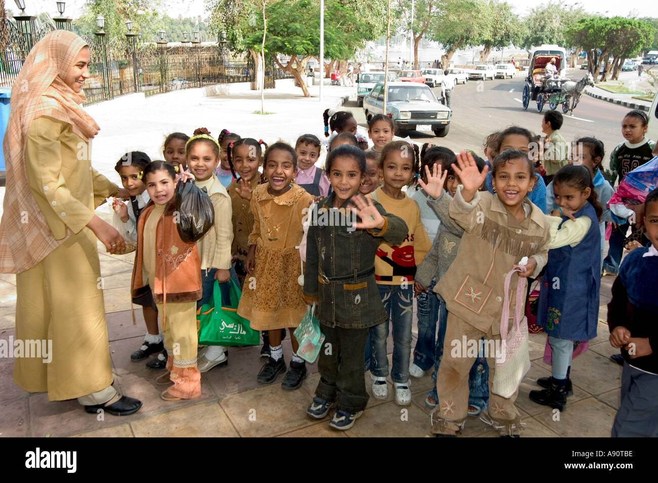 Egyptian school children street scene Aswan Upper Egypt Egypt North ...