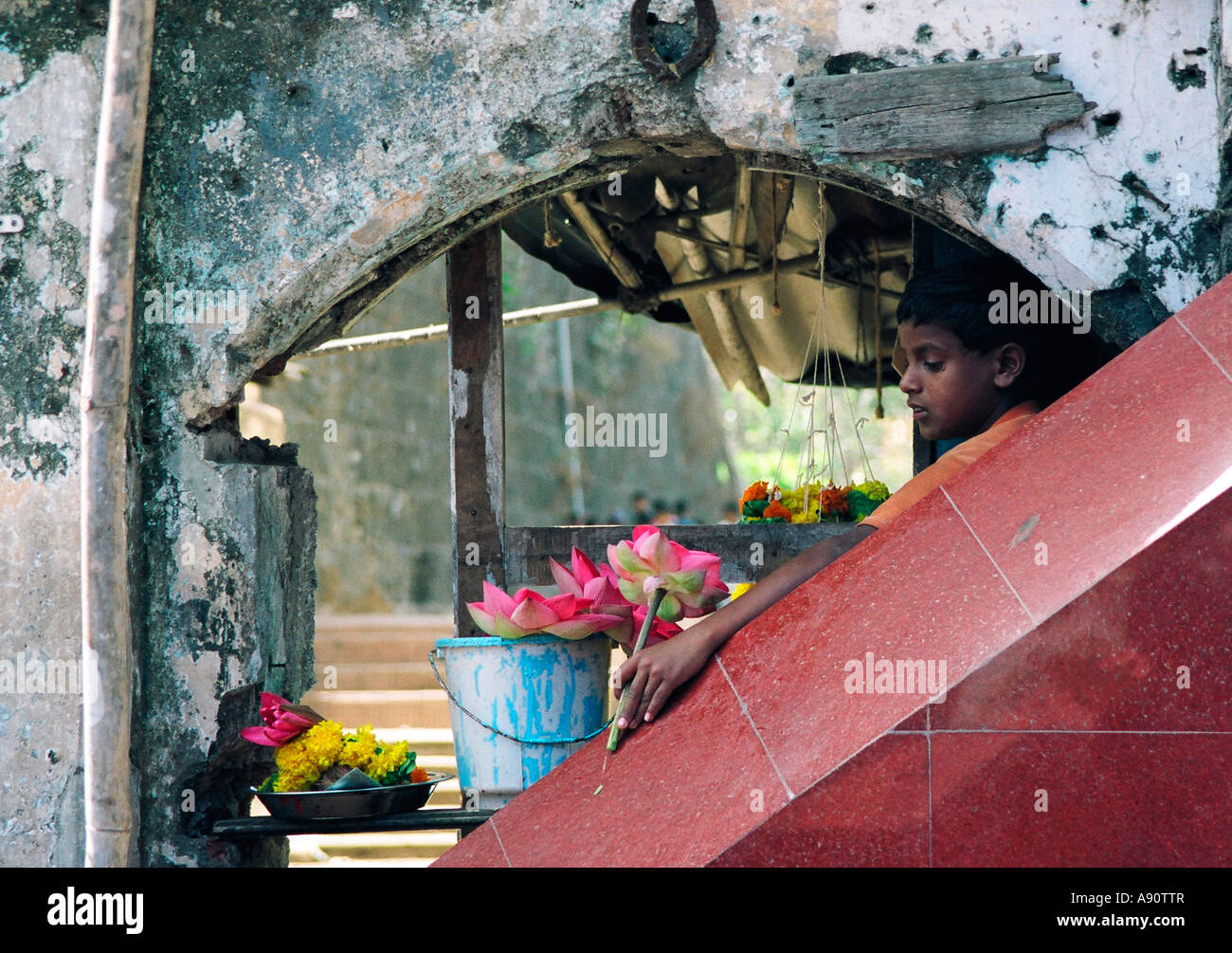 Young Indian Hindu boy selling flowers outside Mahalakshmi temple ...