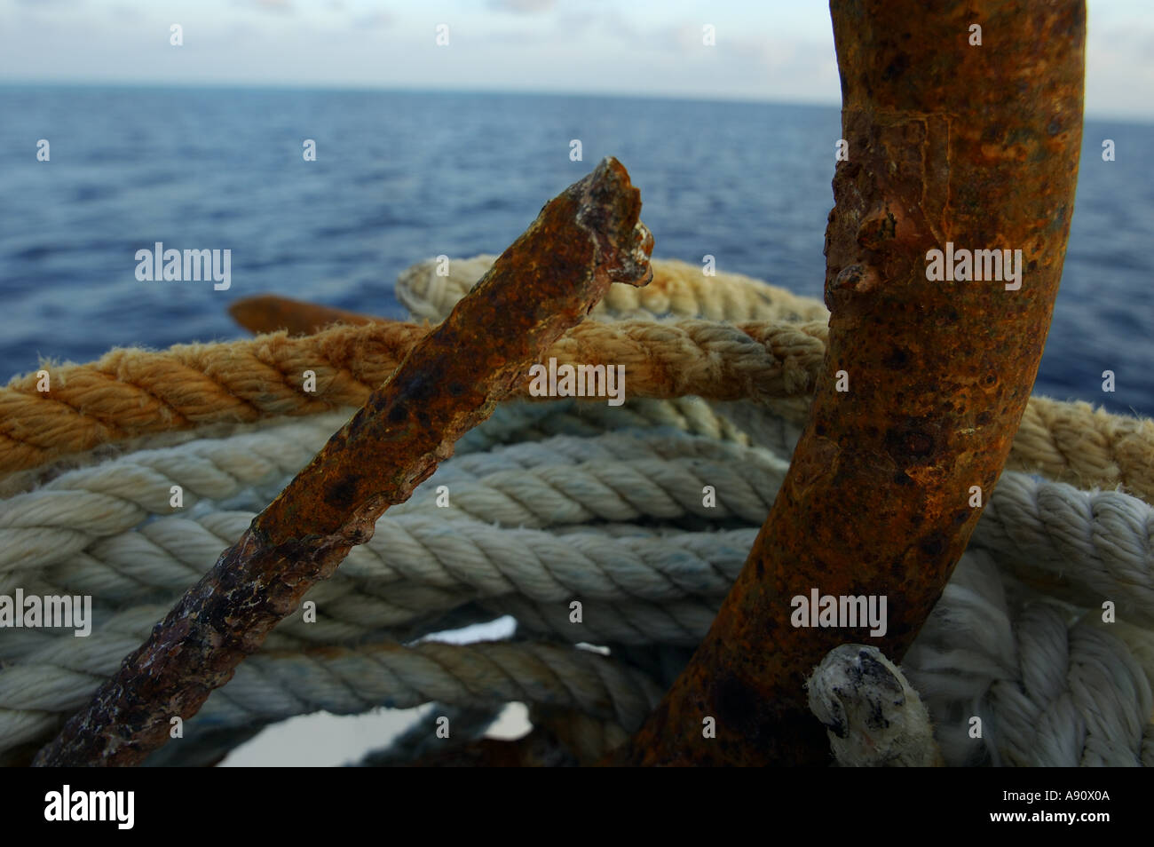 Maldives stack of ropes and anchor on the prow Stock Photo - Alamy