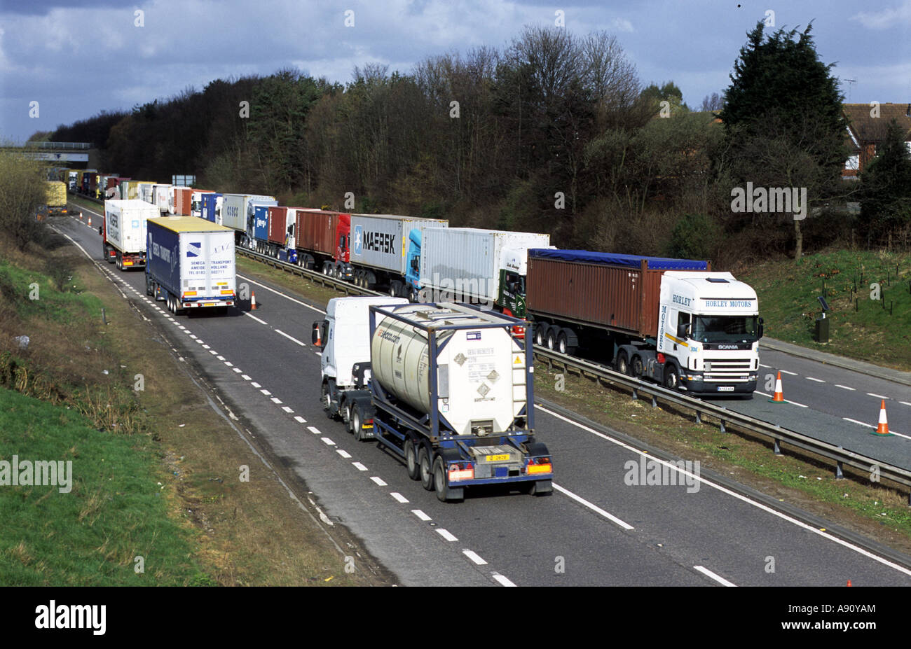 HGV lorries 'stacked' on A14 dual carriaeway near to the port of ...