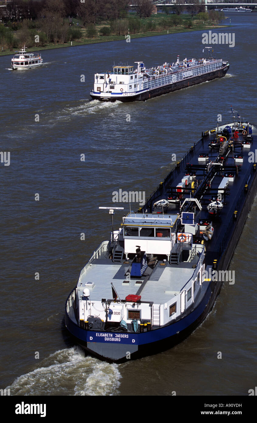 Oil and gas tanker barges on the river Rhine, Cologne, North Rhine ...