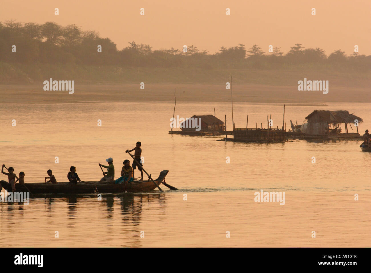 Asia, Cambodia, Koh Paen Island, sunset over Mekong River Stock Photo ...