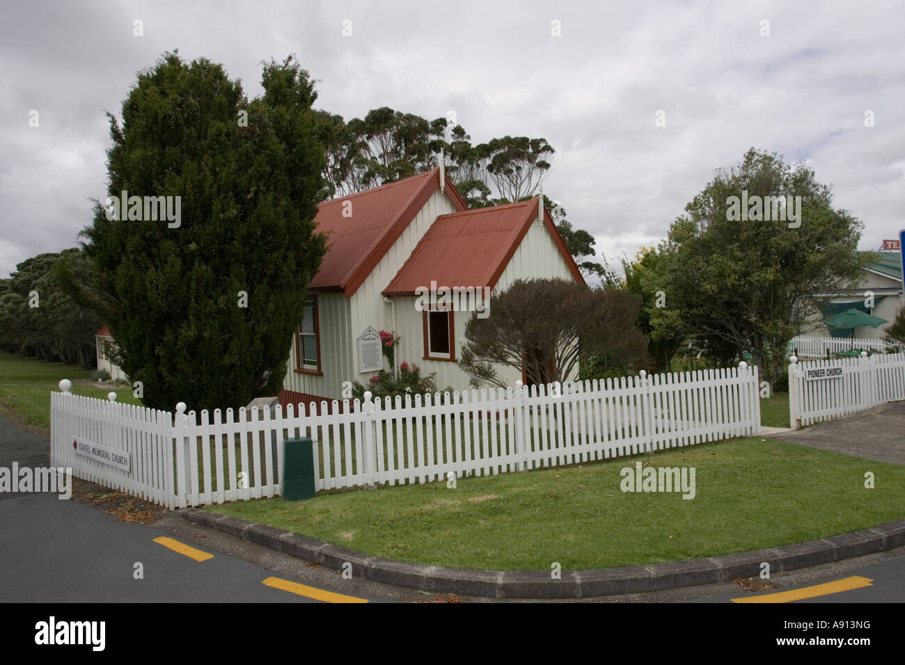 Red roofed white interdenominational Pioneer church 1867 relocated to ...