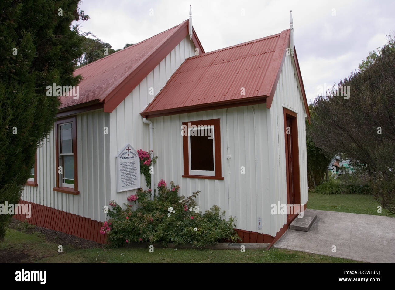 Red roofed white interdenominational Pioneer church 1867 relocated to ...