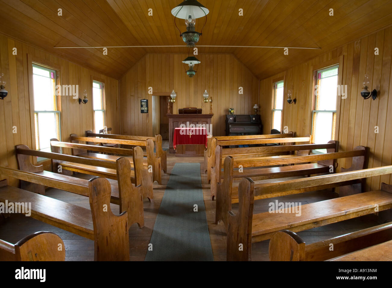 Red roofed white interdenominational Pioneer church 1867 relocated to ...