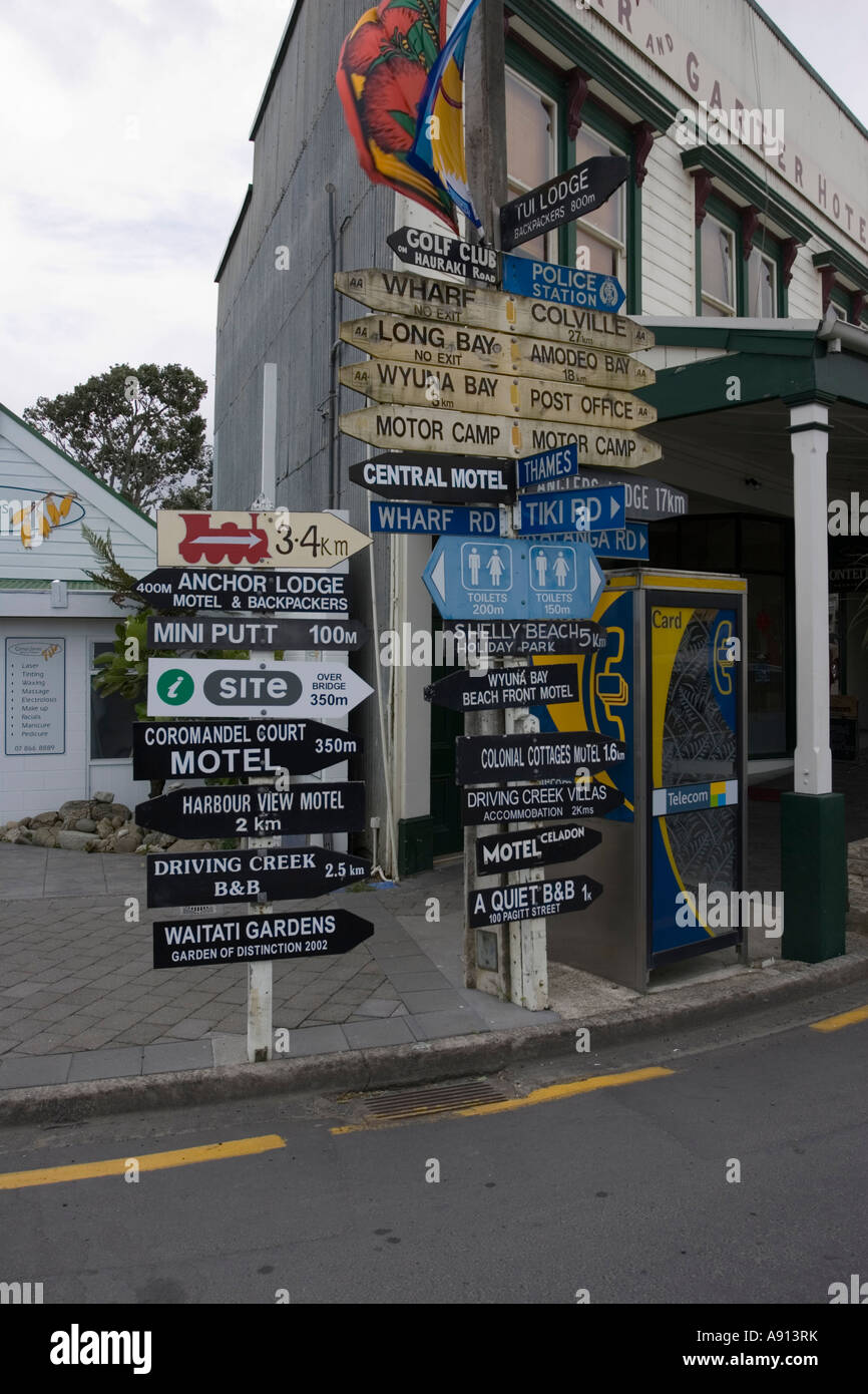 Large numbers of direction signs Coromandel Peninsula North Island New ...