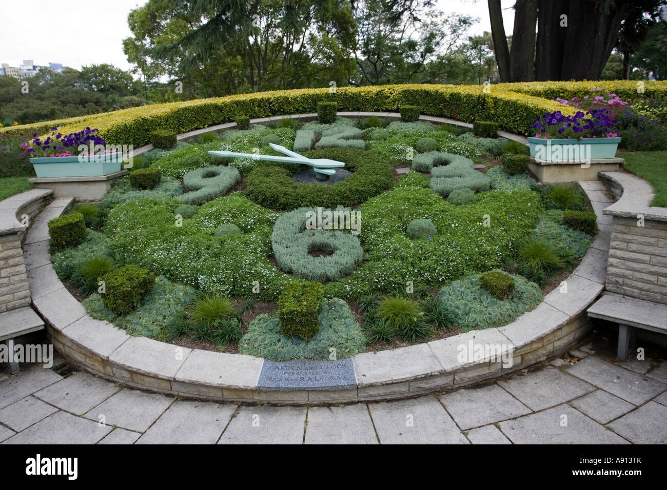 Large botanical floral clock designed from a variety of green shrubs ...
