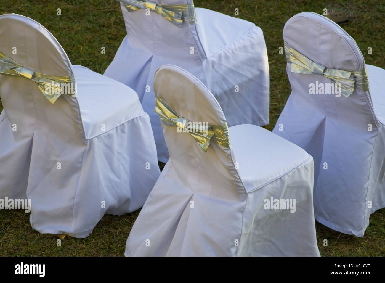 Four empty white wedding chairs on a lawn Stock Photo - Alamy