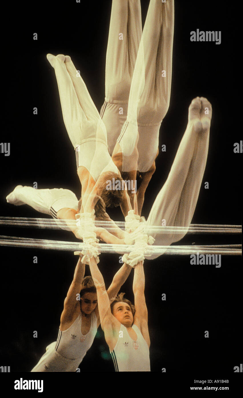 Multi image sequence of a gymnast competing on the High Bar Stock Photo ...