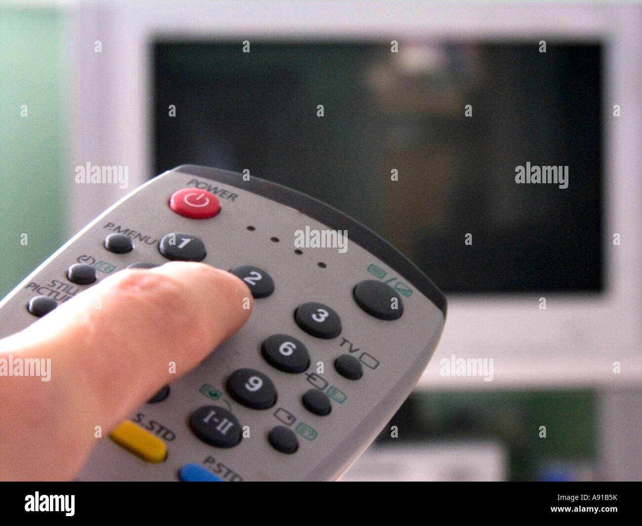 A remote control pointing at the tv Stock Photo - Alamy