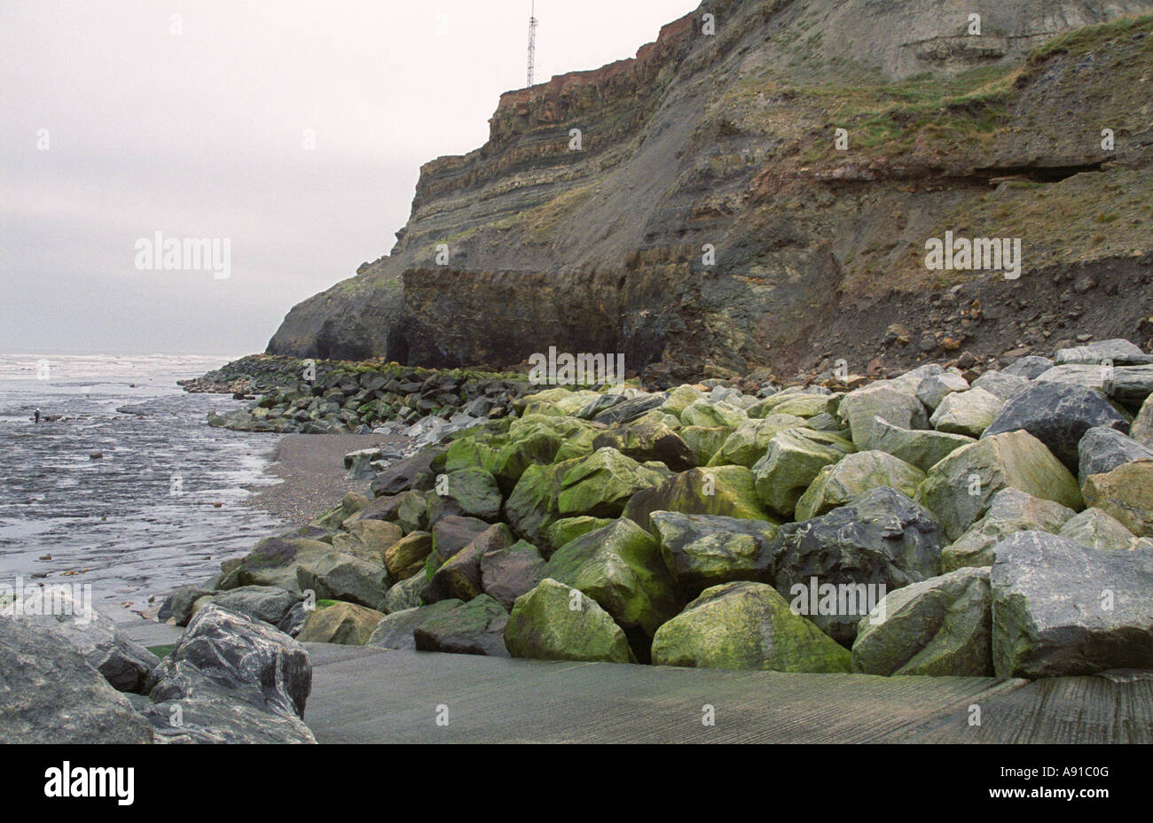 Eroding Cliffs and sea defences, Whitby, North Yorkshire, England Stock ...