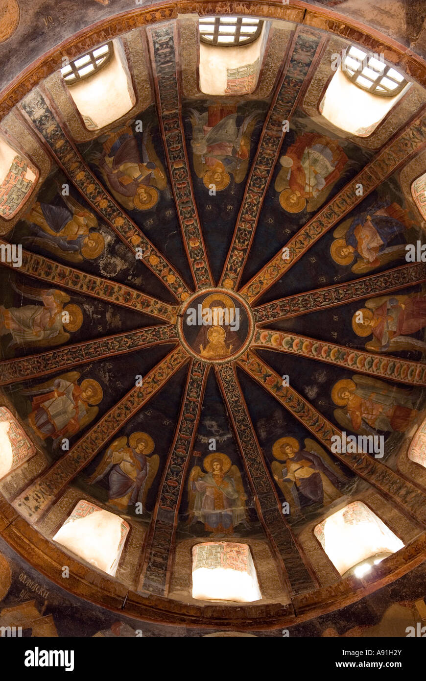 Fresco of Mary and child Jesus. In dome section, there are twelve ...