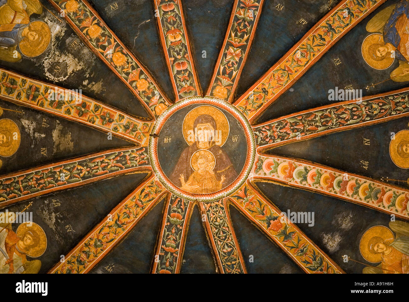 Fresco of Mary and child Jesus. In dome section, there are twelve ...