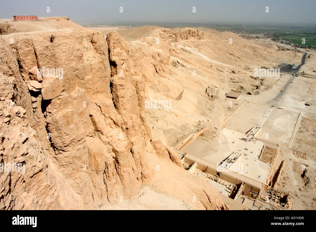 aerial view from cliffs Temple of Hatshepsut Deir al Bahri West Bank ...