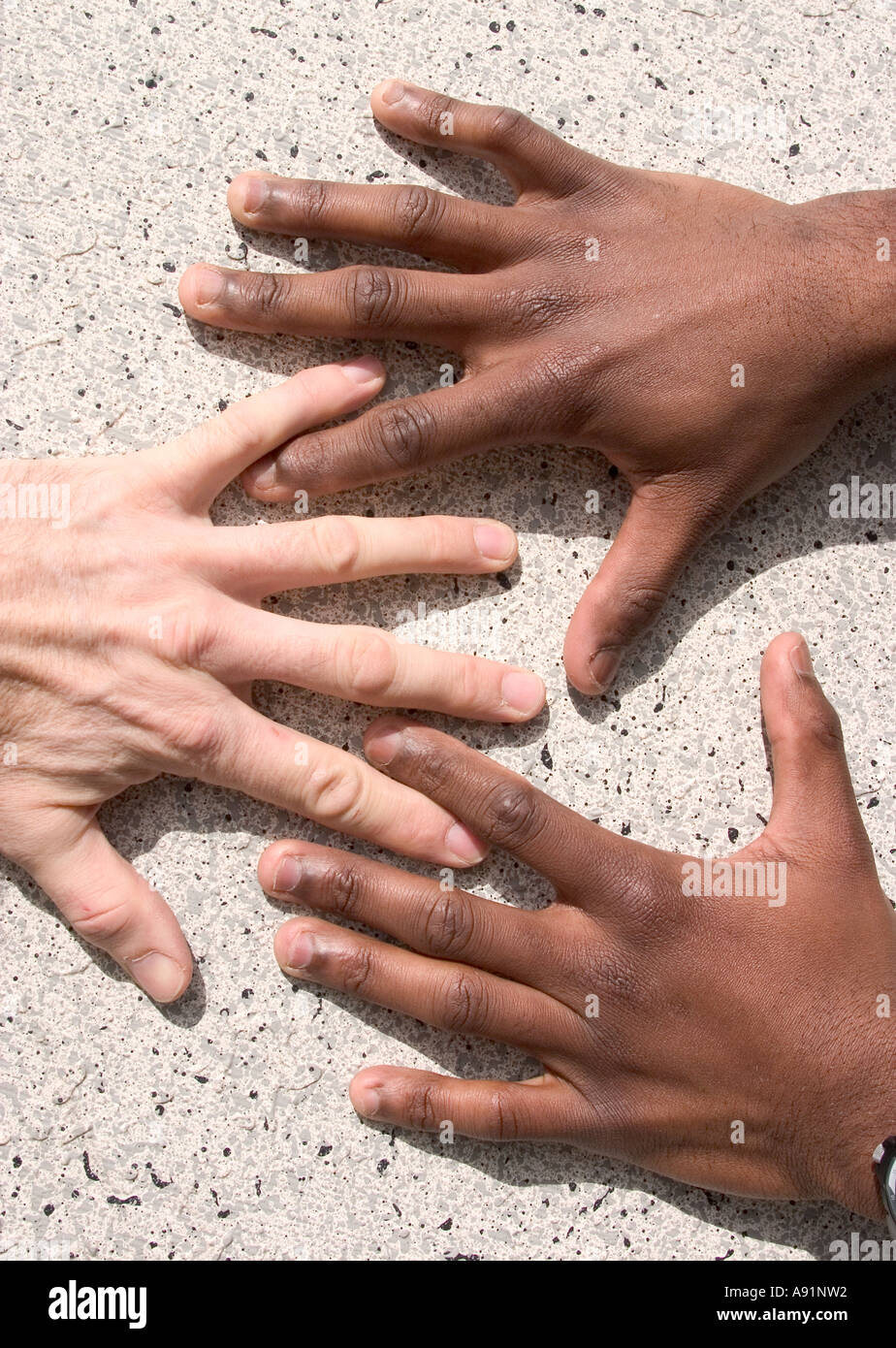 two dark and one light colored hand Stock Photo - Alamy