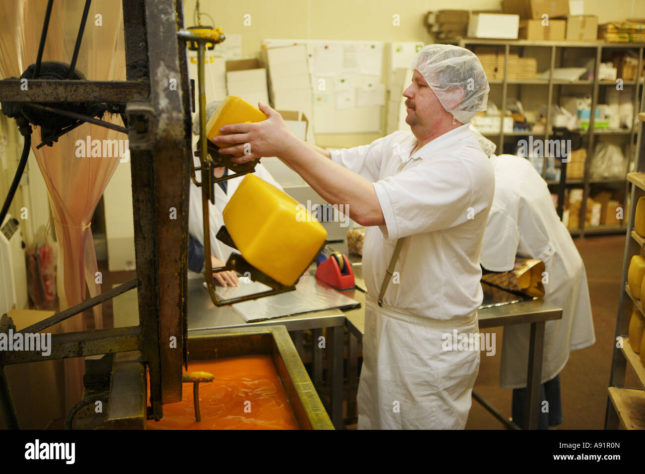 The cheese dairy Dairy expert applies wax on the Cheeses Stock Photo ...