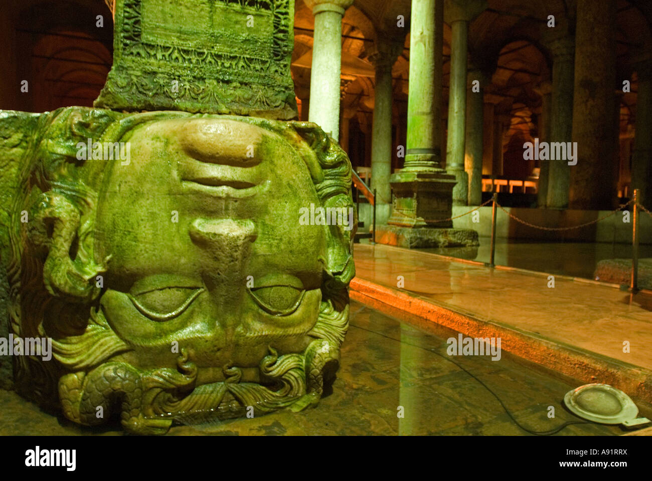 Medusa head as a column base in underground cistern, Basilica, Sultan ...