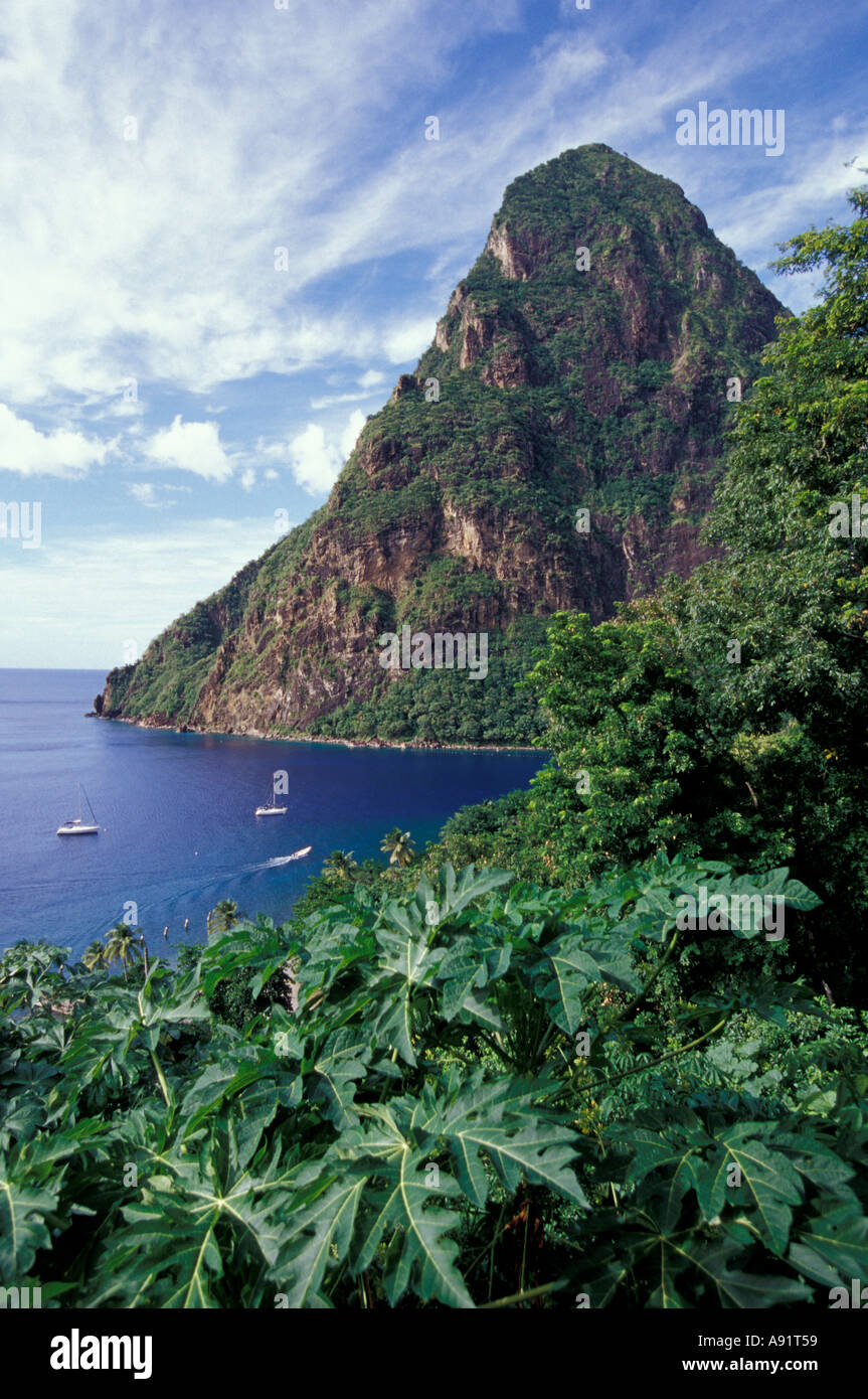 Caribbean, BWI, St. Lucia, View of the Pitons from Ladera Resort Stock ...