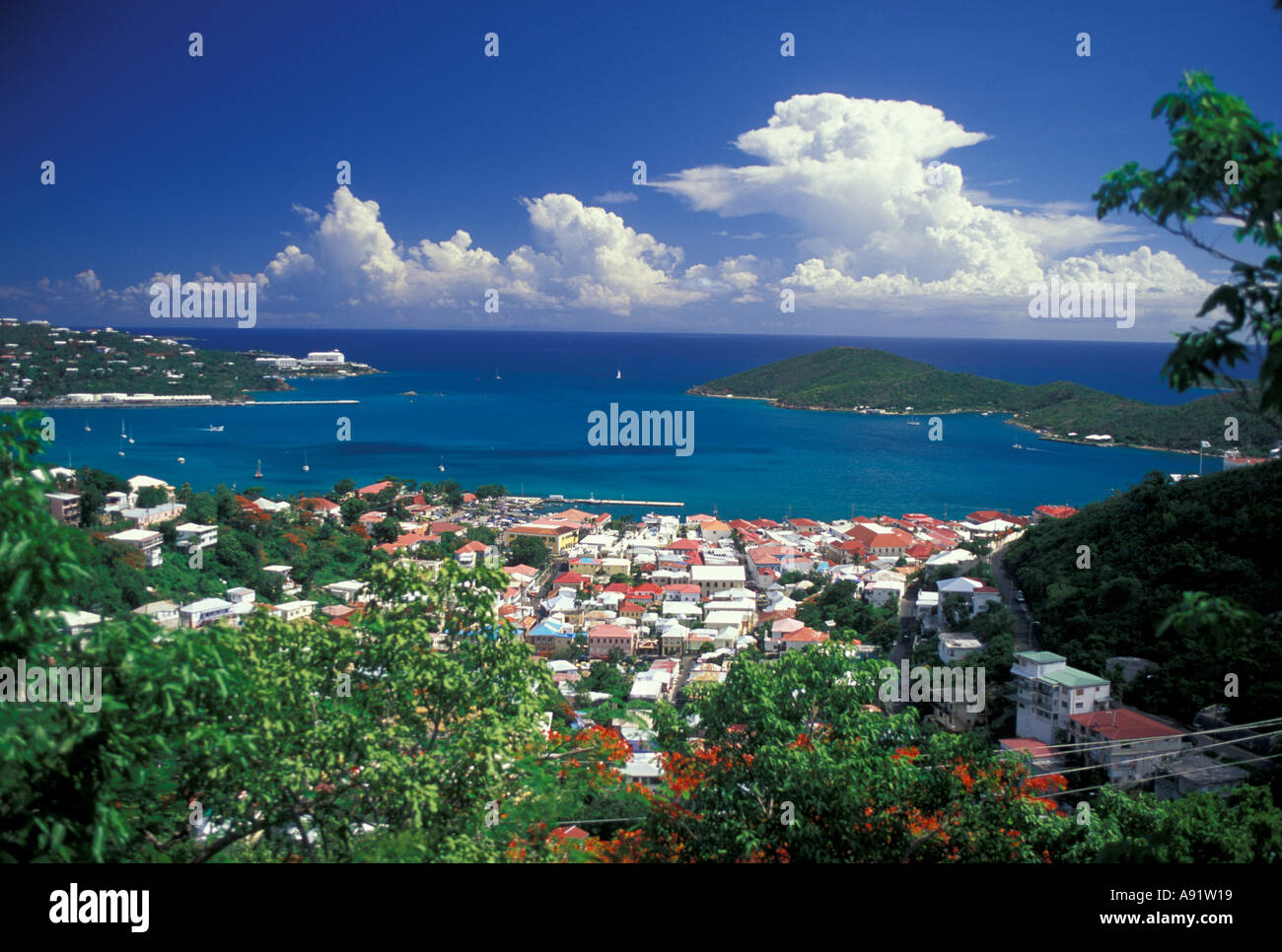 Caribbean, St. Thomas. View of Charlotte Amalie from Paradise Point ...