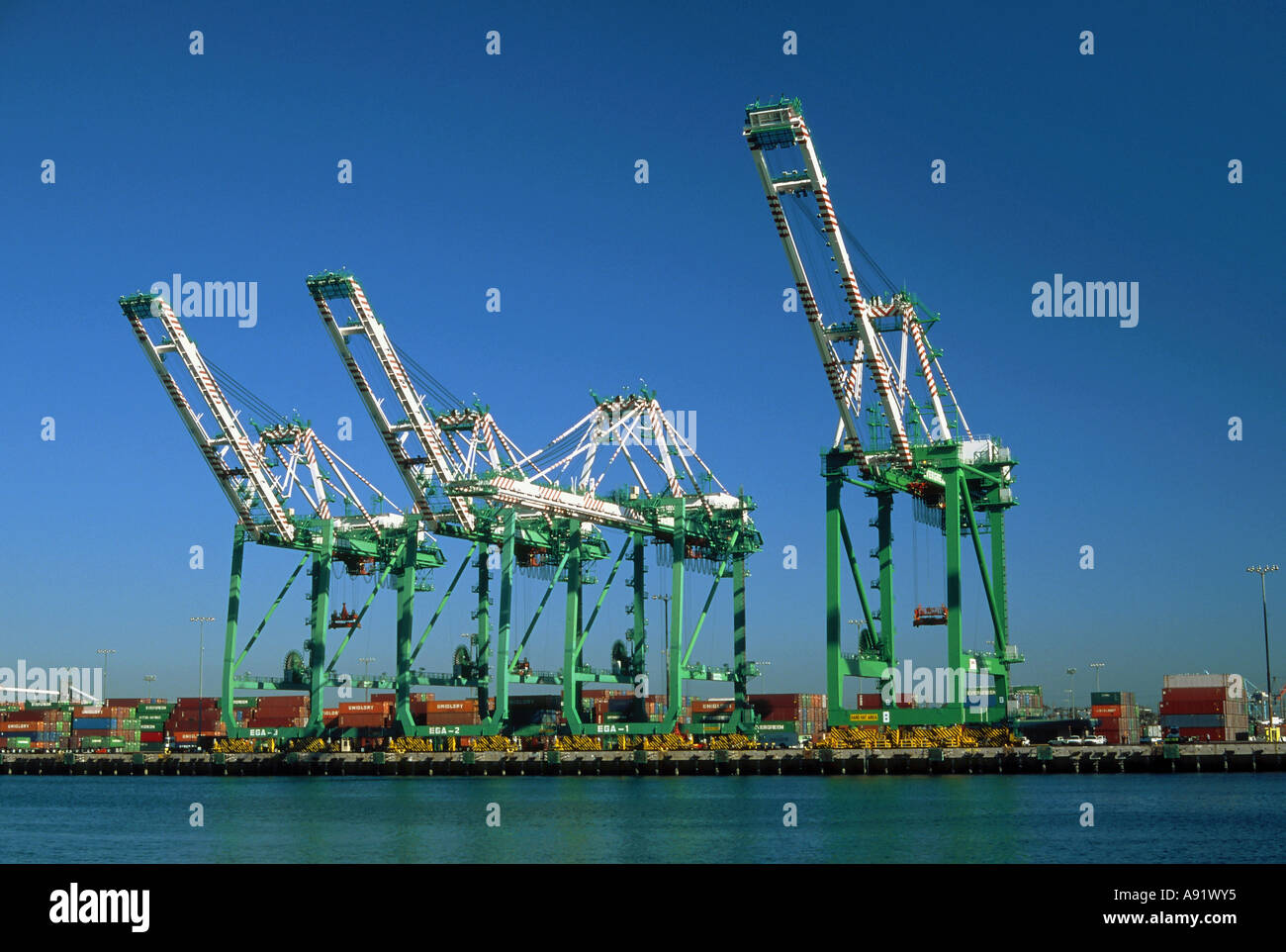 Decorative cranes along the docks in the San Pedro harbor, Los Angeles ...