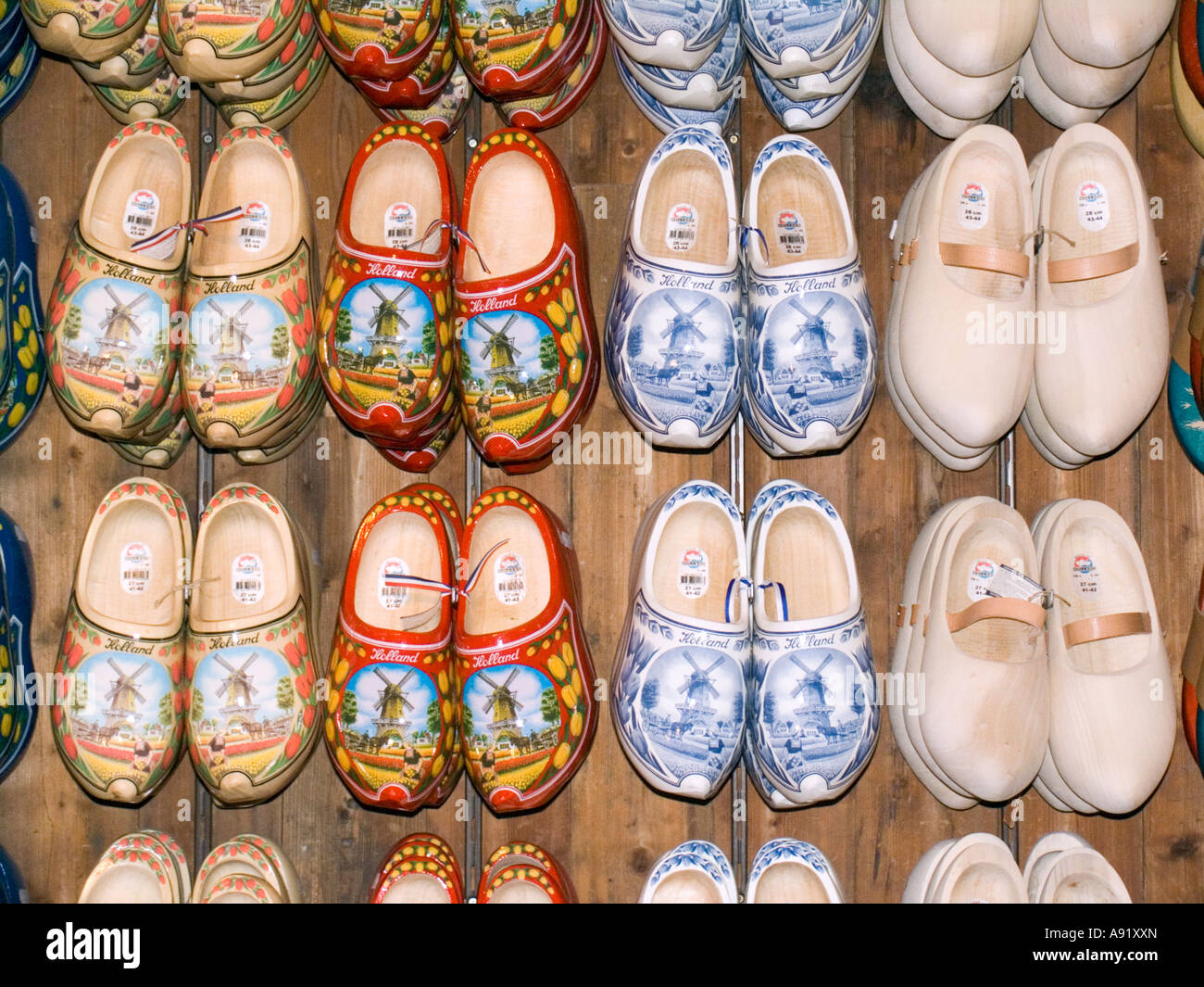 Display of colourful souvenir wooden clogs Zaanse Schans working ...