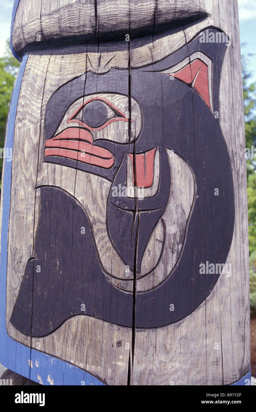 Canada, British Columbia, Cowichan Native Village. Orca on a totem pole ...