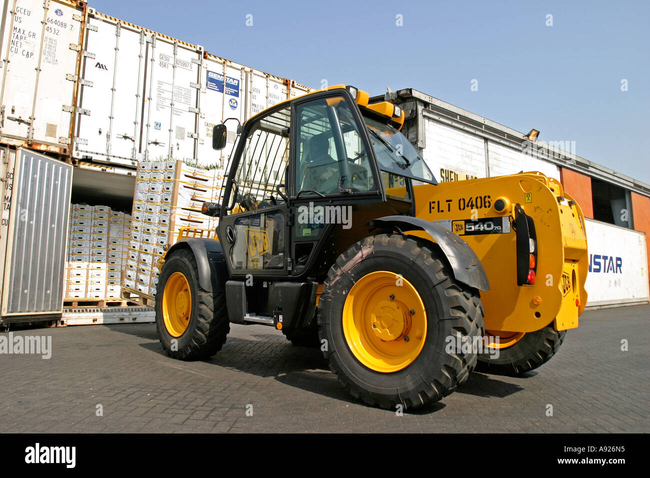 Tractor loading crates of pineapples in refrigerated containers Stock ...