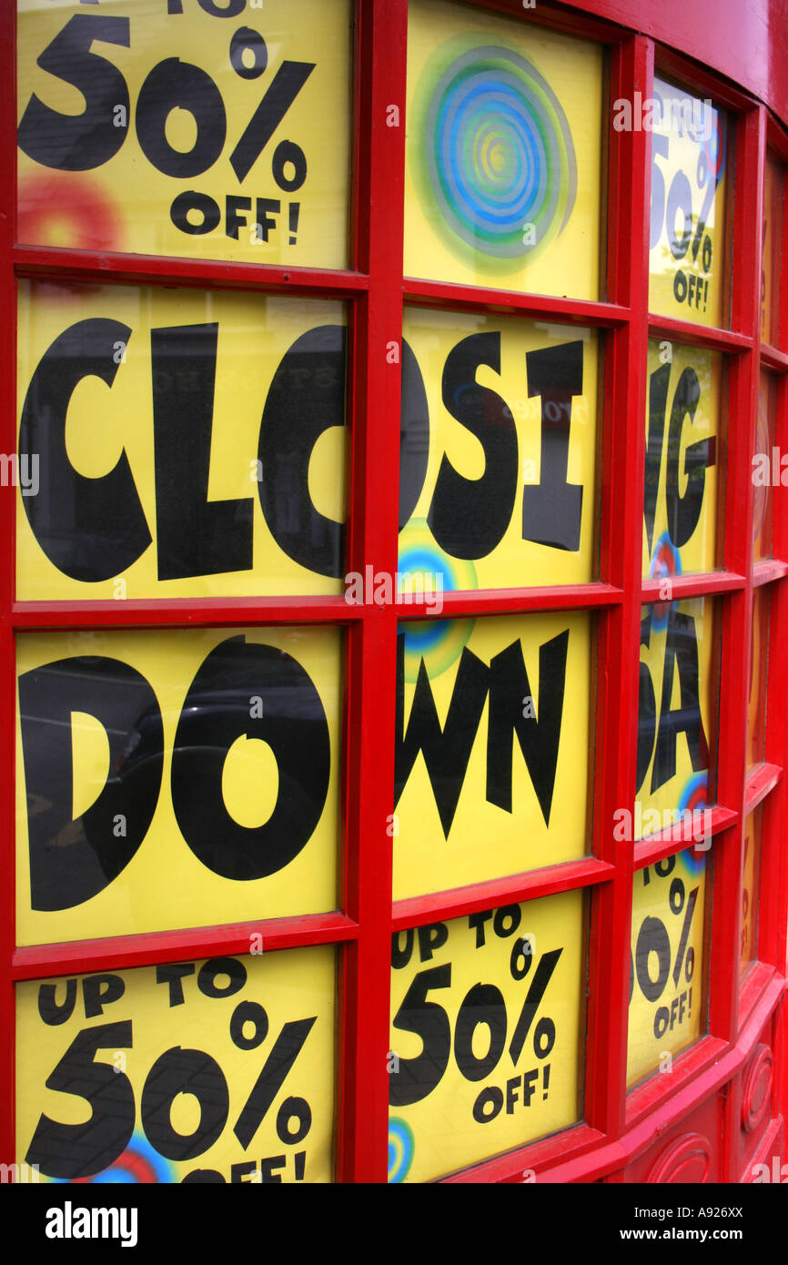 Shop with Closing Down signs in the window, Westport, County Mayo ...