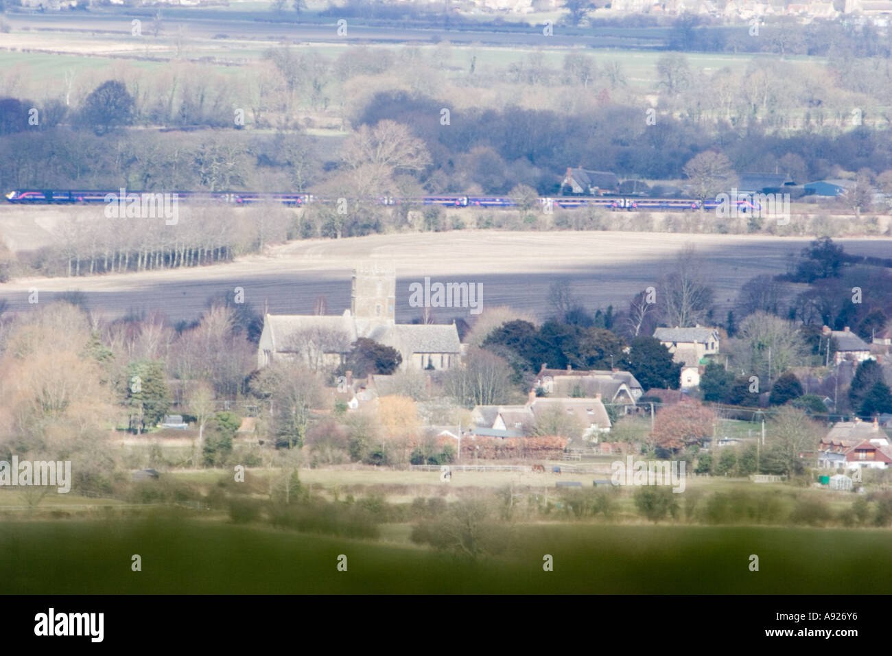 The village of Uffington in Oxfordshire viewed from White Horse Hill ...