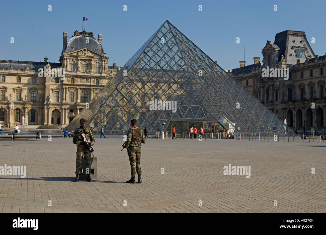 Soldiers provide security outside the Louvre Museum, Paris, France ...