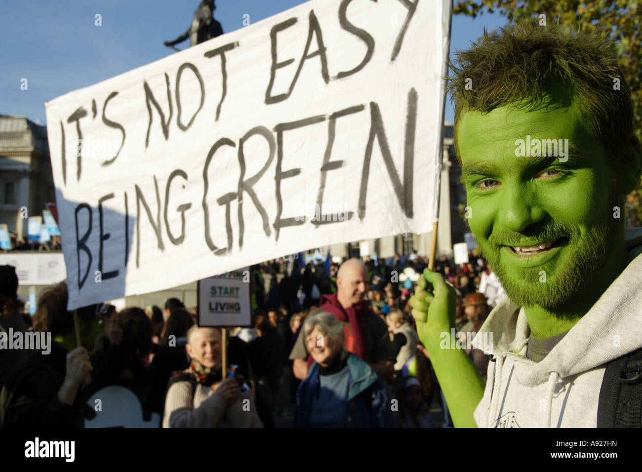 Protestor at climate change demonstration in Trafalgar Square London ...