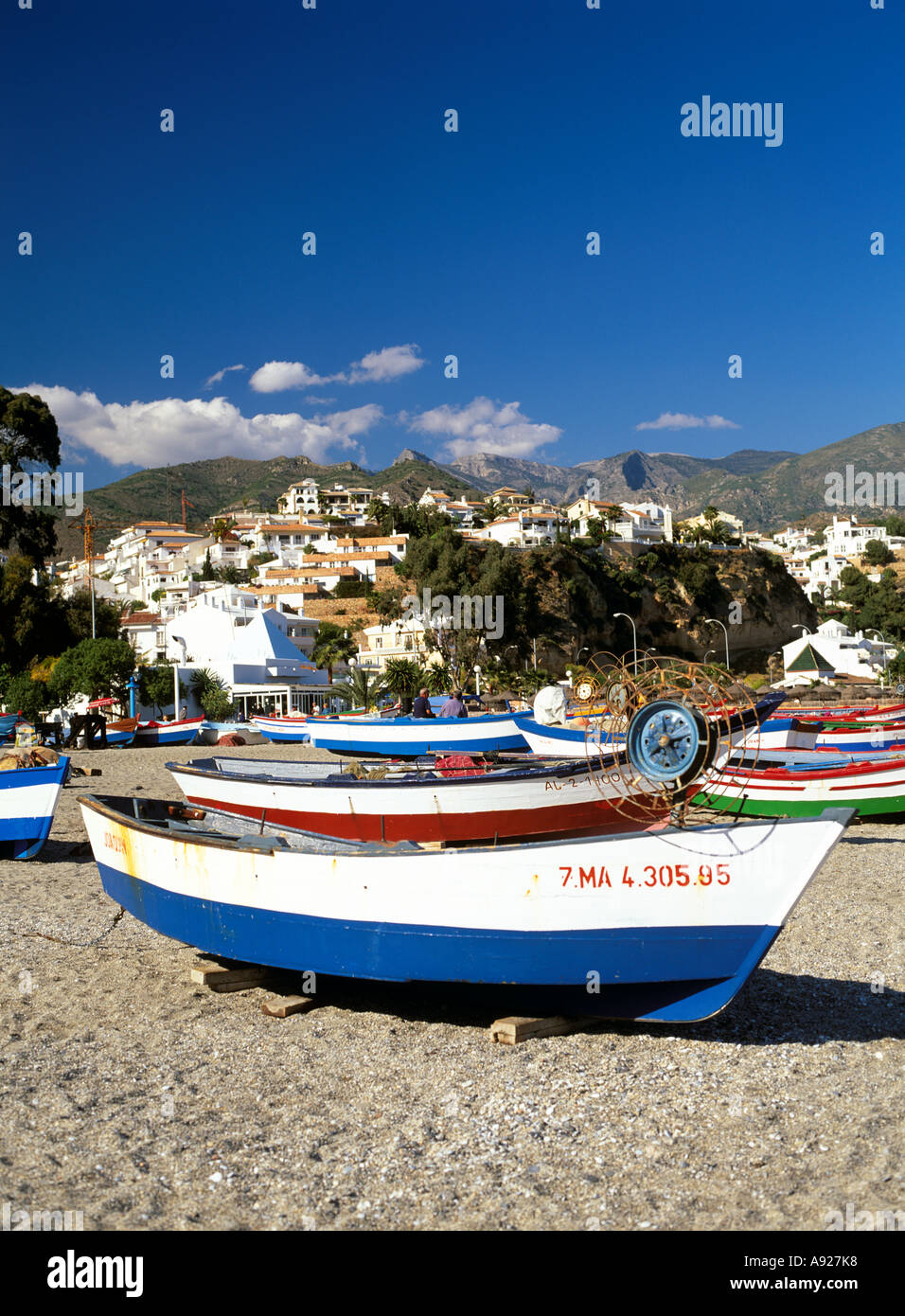 Traditional design of wooden portugese fishing boat on Fishermans beach ...