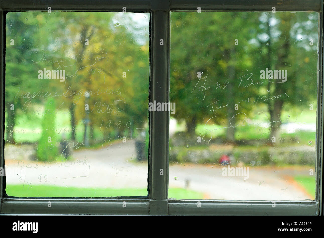 Engraved names on window panes. Sweden Stock Photo - Alamy