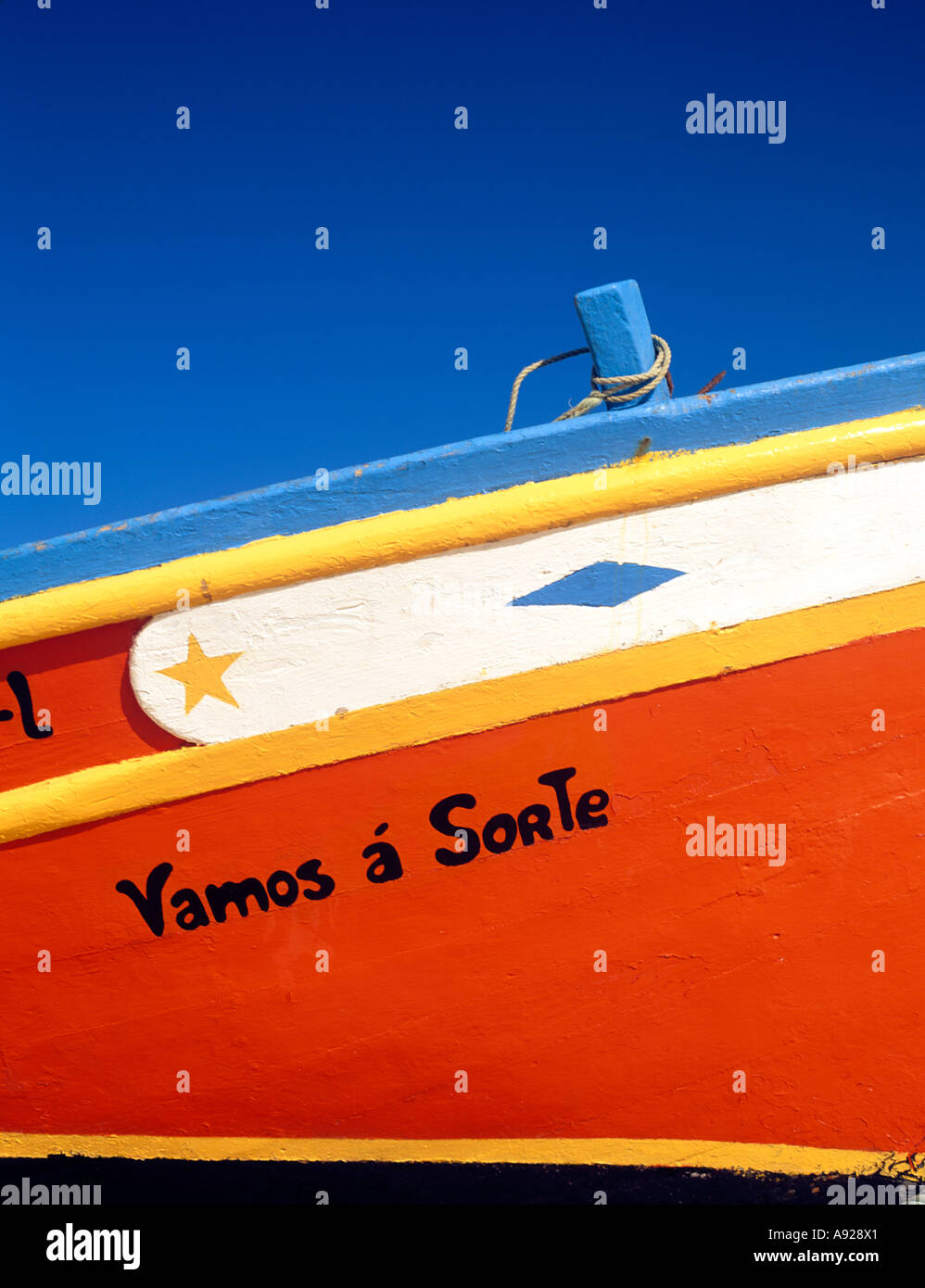 Traditional design of wooden portugese fishing boat on Fishermans beach ...
