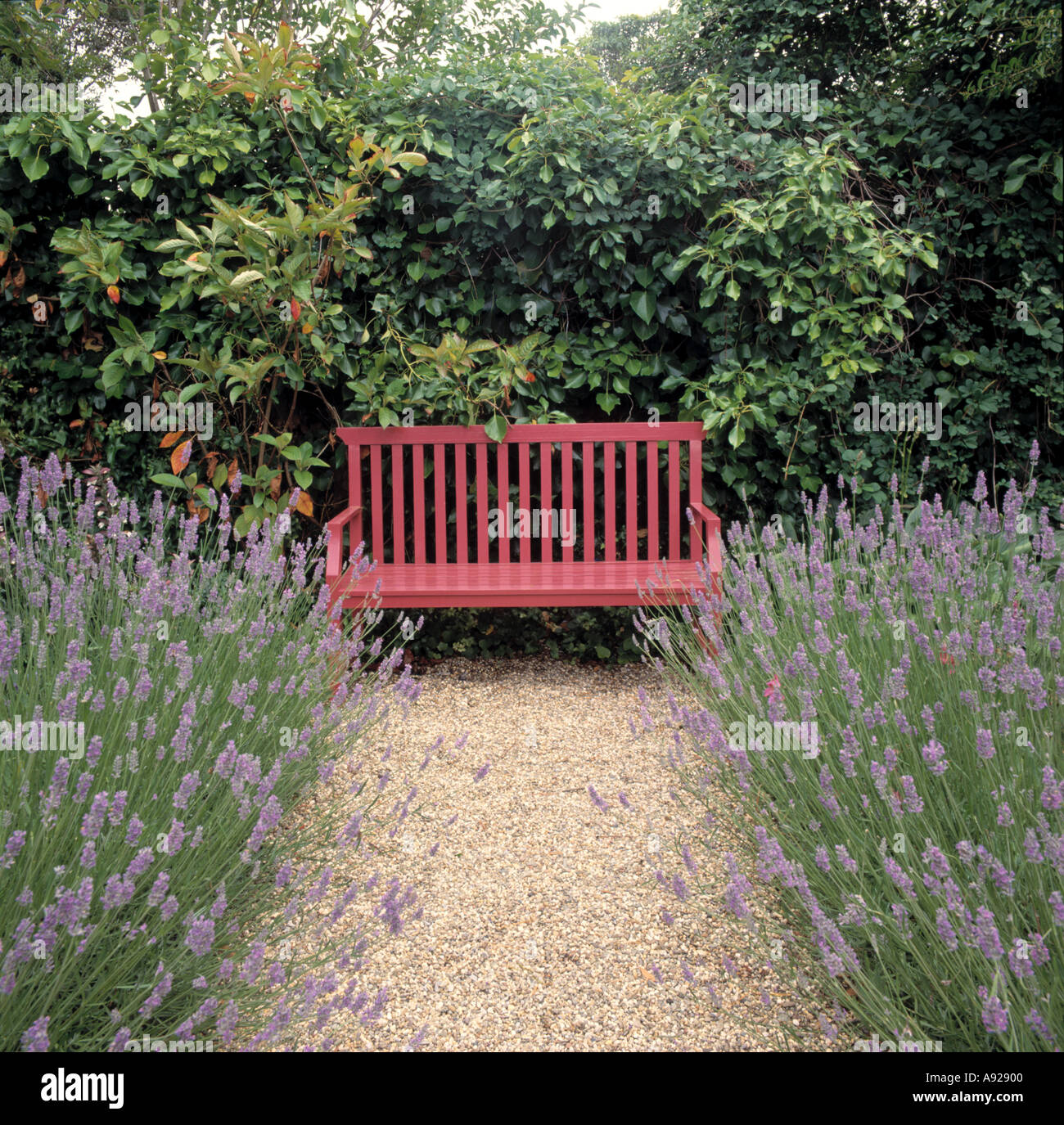 Red Bench in Garden Stock Photo - Alamy