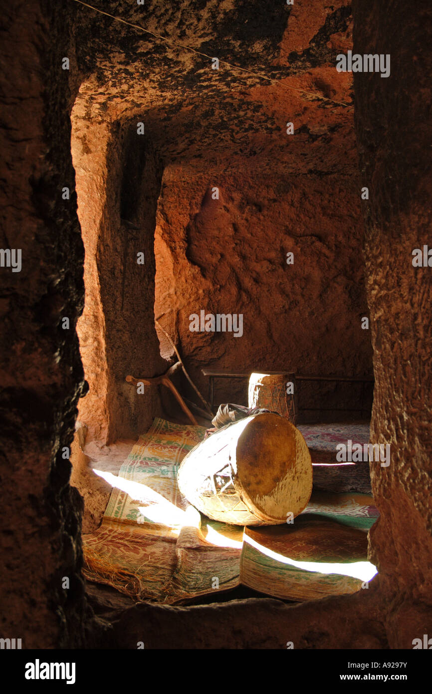 Drums in the chanting room at the Bet Giorgis Church, Lalibela ...