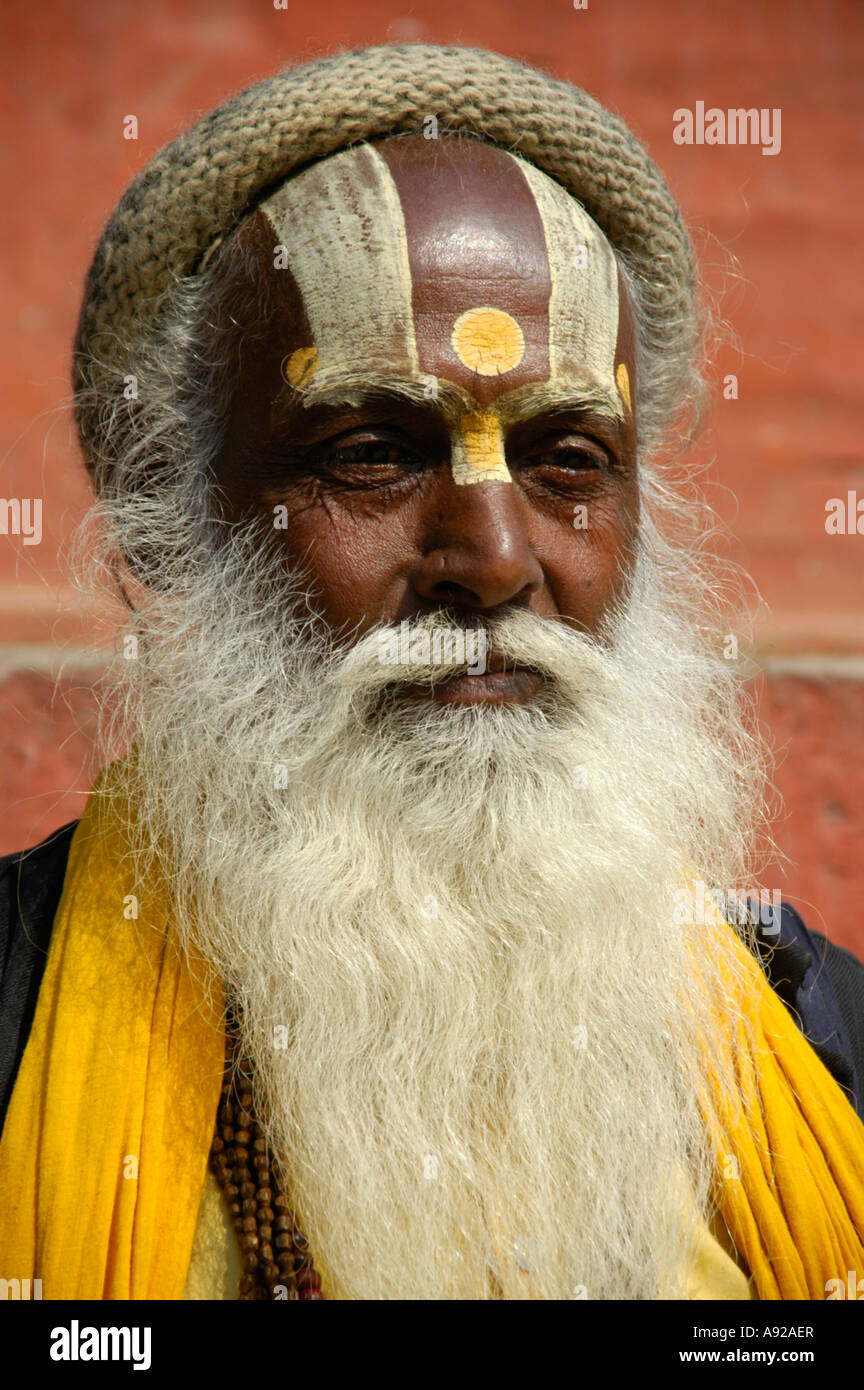 Portrait of a holy man sadhu with a white beard and painted forehead ...