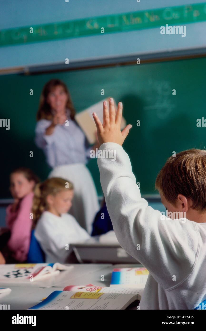 Rear view of a schoolboy raising his hand in a classroom Stock Photo ...