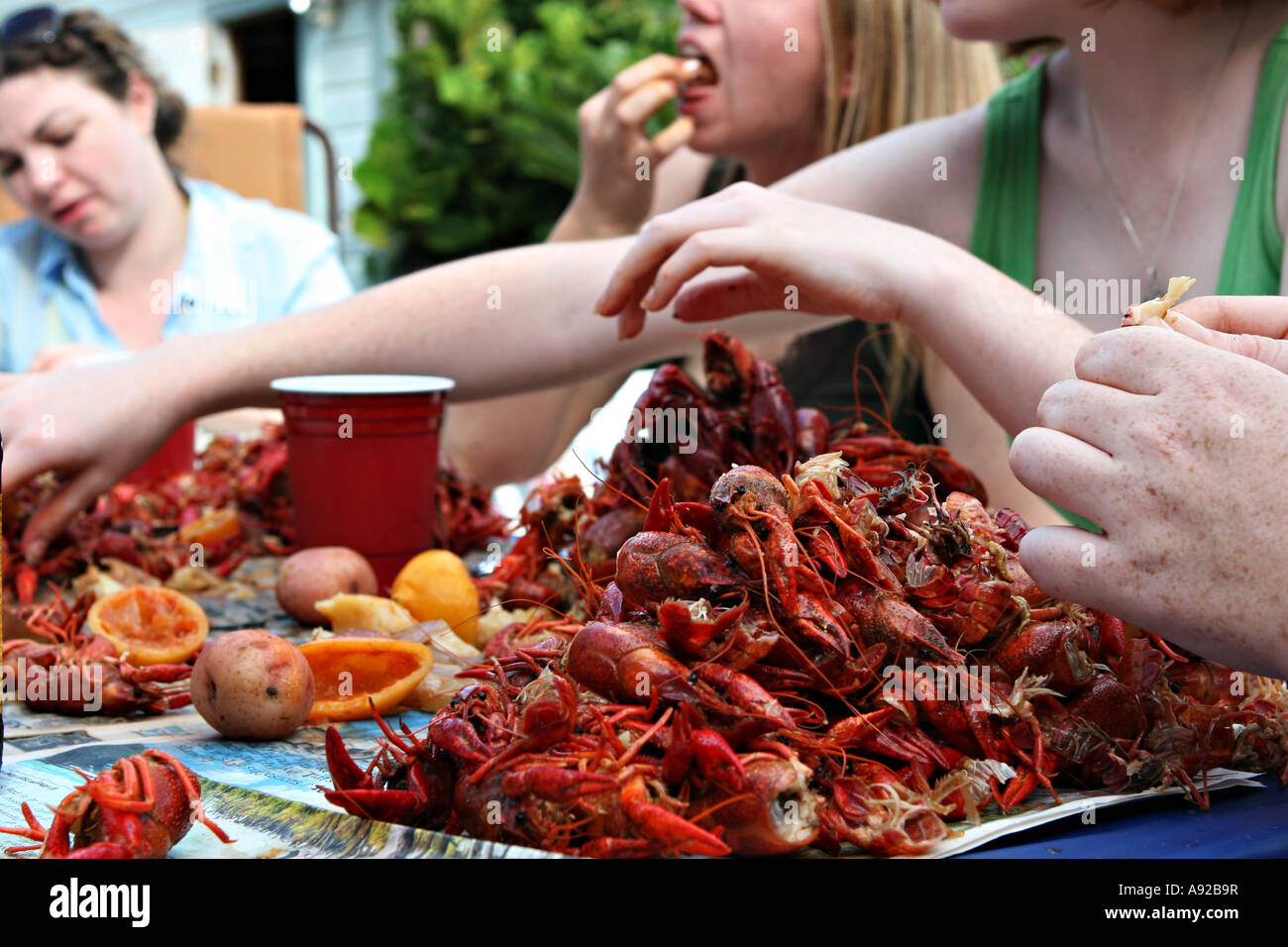 A pile of half eaten crawfish at a backyard crawfish boil Stock Photo ...