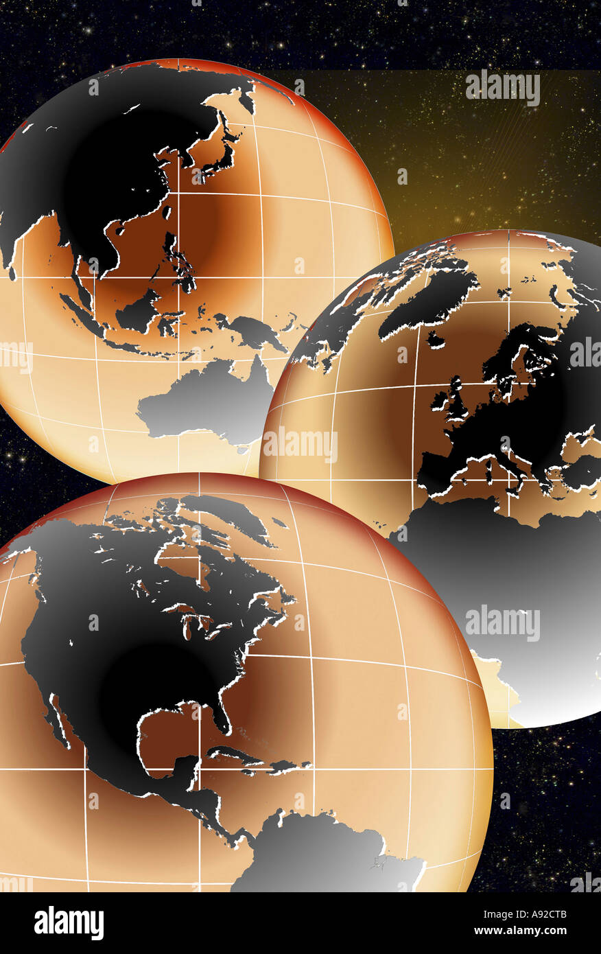 Illustration of three globes Stock Photo - Alamy