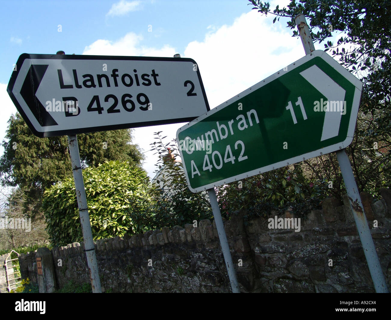 Road signs at Llanellen between Abergavenny and Pontypool South Wales ...