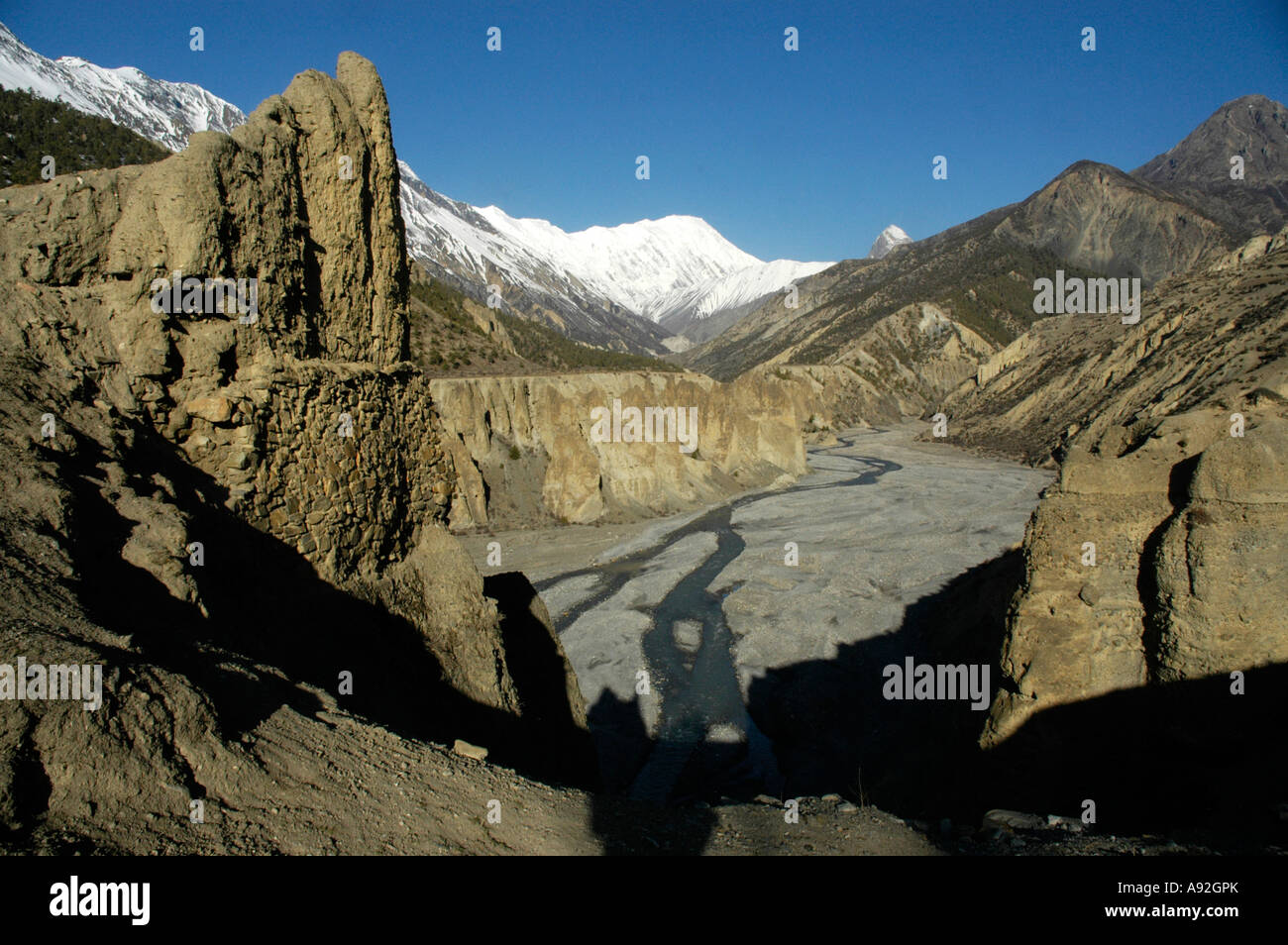 Wild valley of Marsyangdi River near Manang Annapurna Region Nepal ...