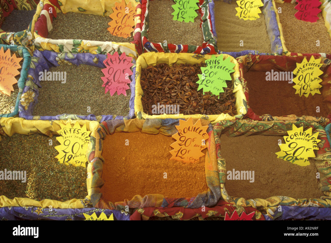 High angle view of spices with price tags Stock Photo - Alamy
